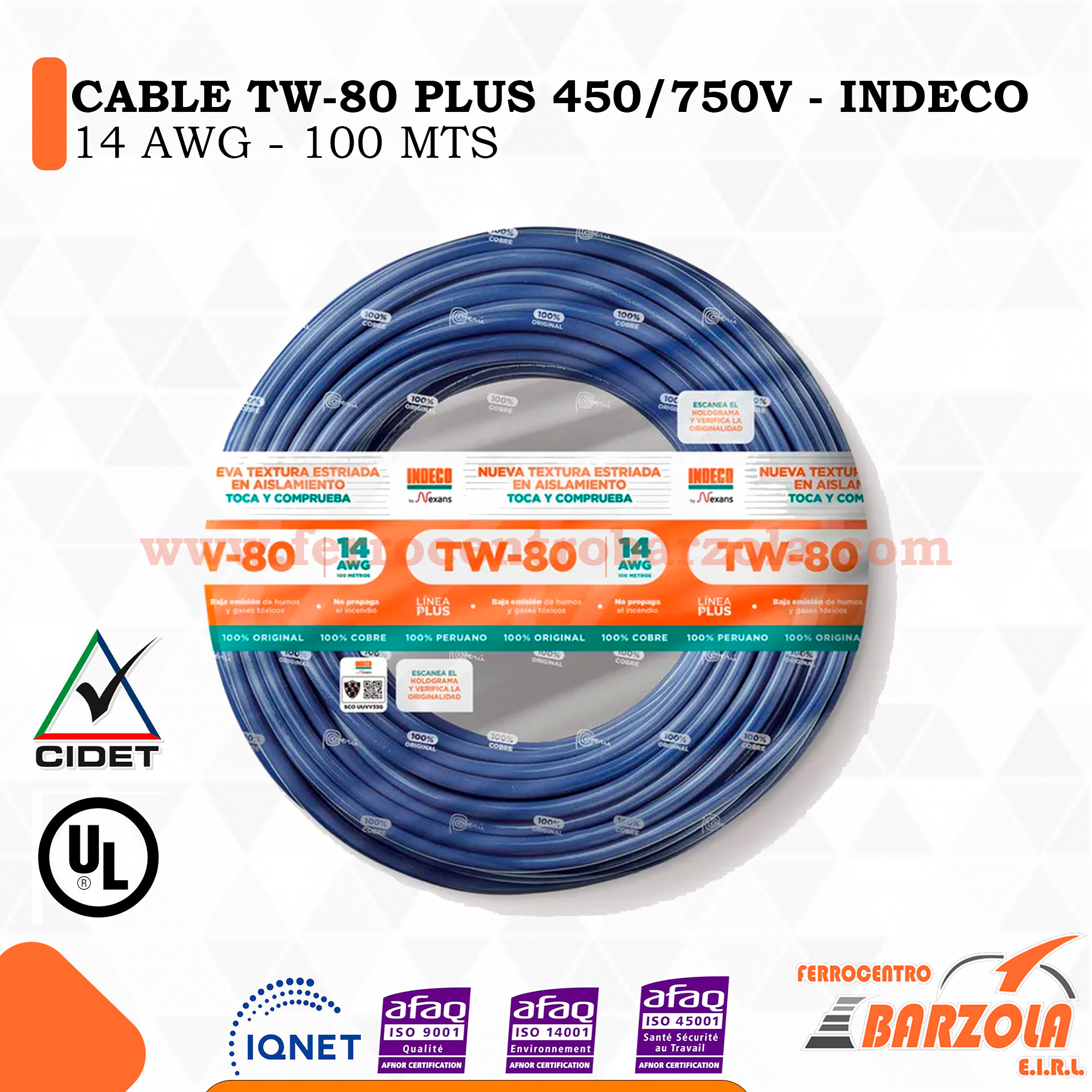 Cable TW-80 PLUS 450/750V 14 AWG X 100 Metros - INDECO - Ferreteria