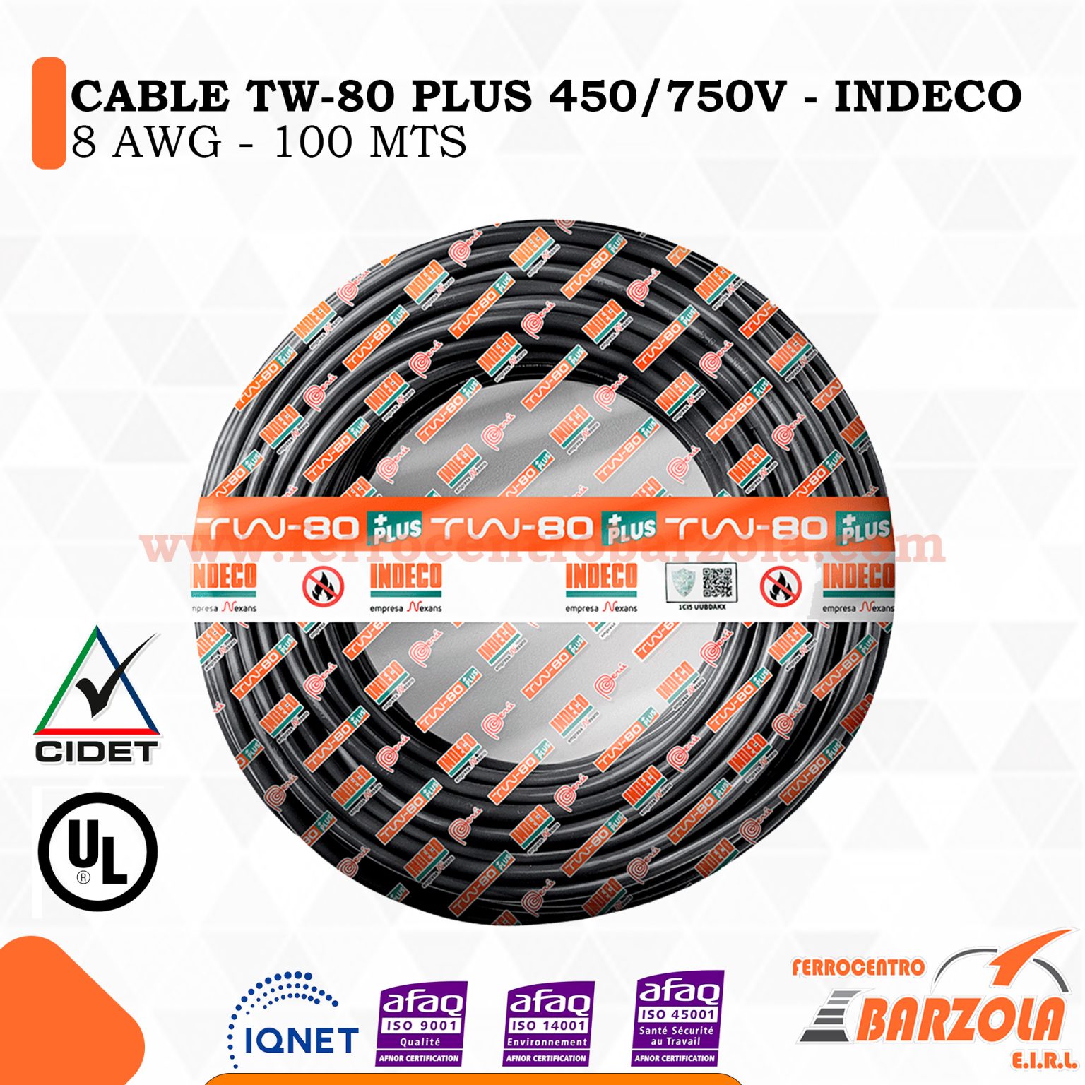 Cable TW-80 PLUS 450/750V 8 AWG X 100 Metros - INDECO - Ferreteria