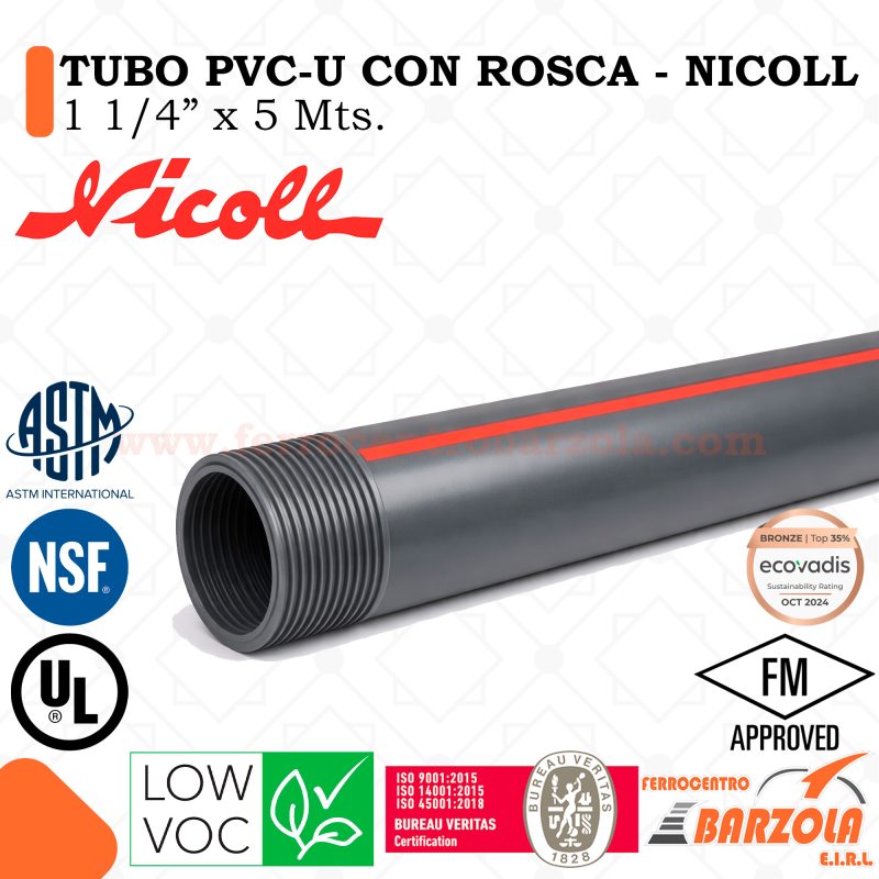 Tubo PVC-U Con Rosca 1 1/4" x 5mts - NICOLL - Ferreteria