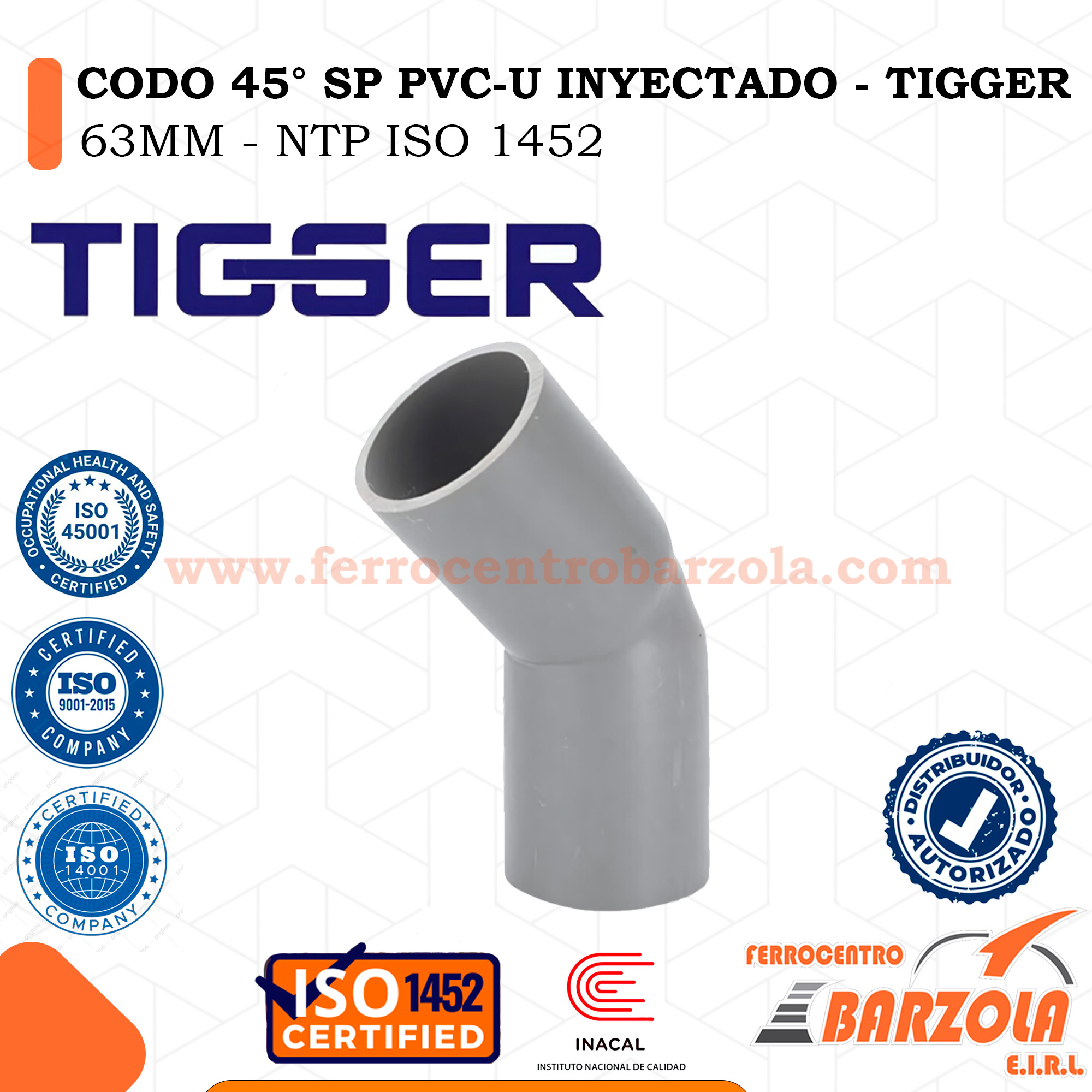 Codo 45° SP PVC-U Inyectado 63mm - TIGGER - Ferreteria